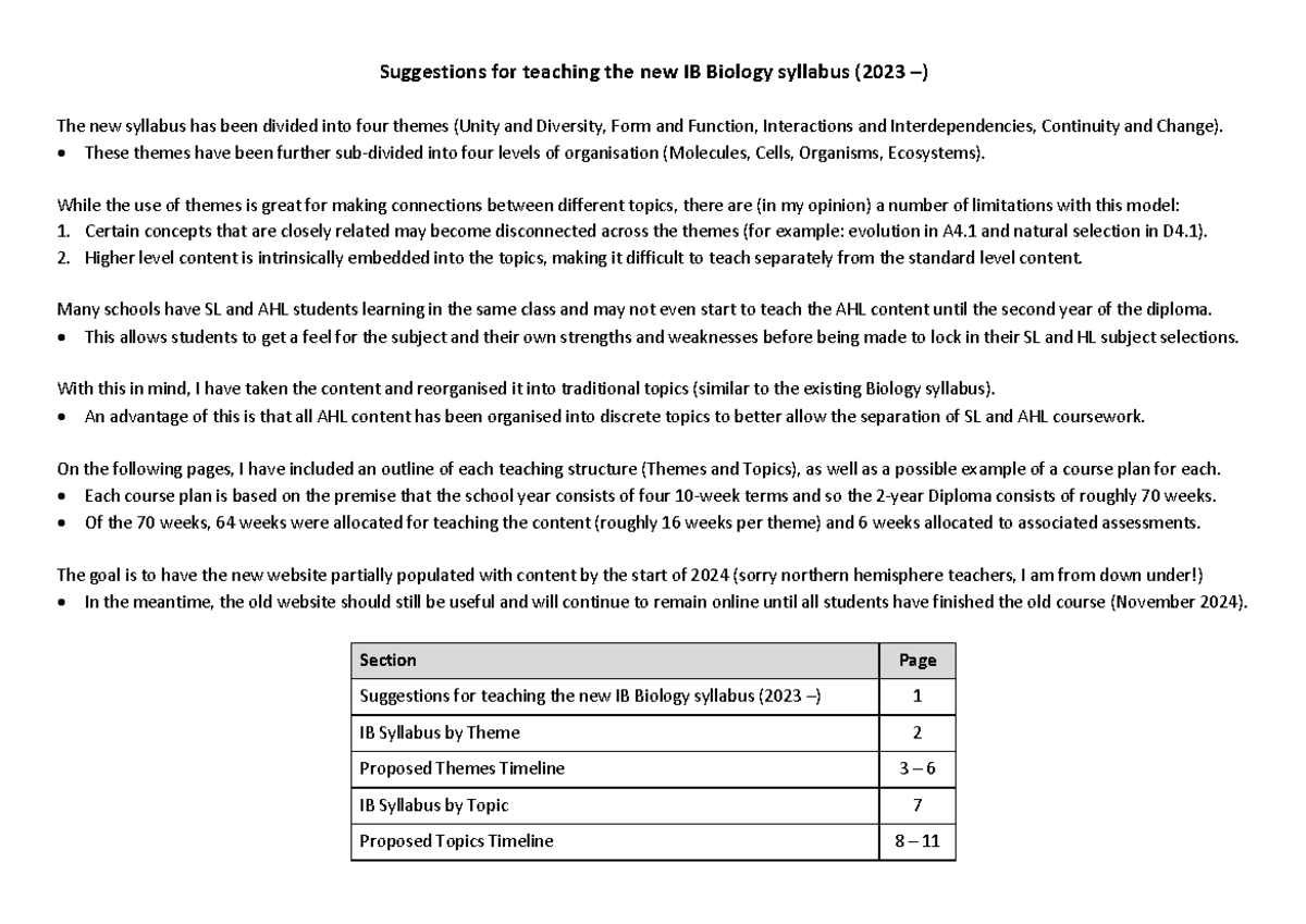 IB Biology Syllabus Planner (2023) - Teaching Suggestions & Timeline ...