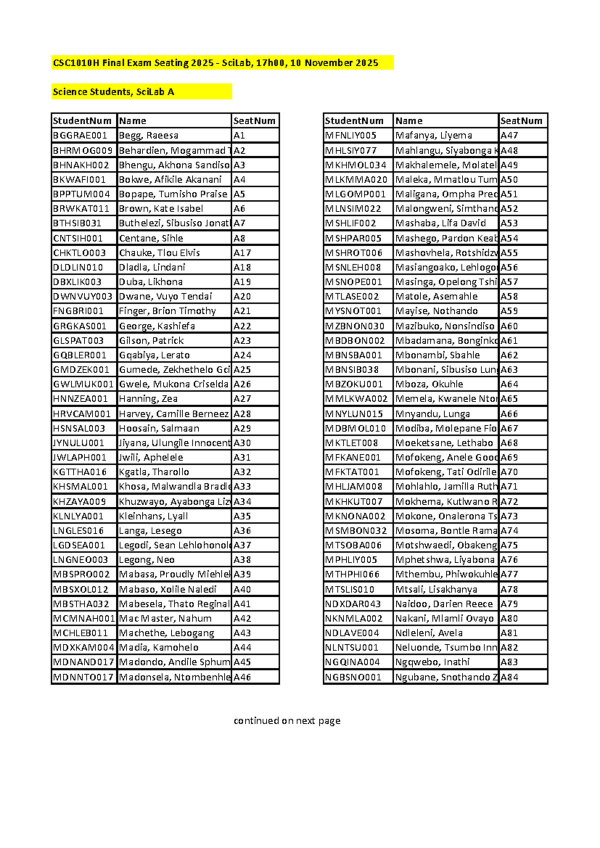 CSC1010H Final Exam Seating Arrangement - 10 Nov 2025 - Studocu