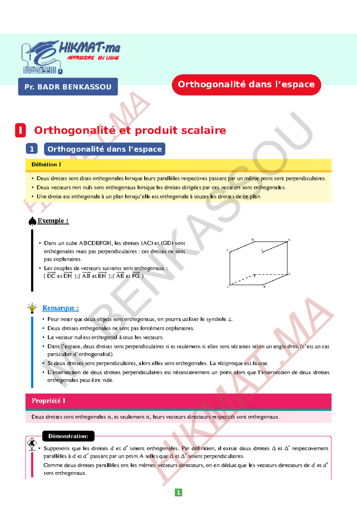 Ch. M T A 1: Orthogonalité et Distances dans l'Espace - Pr. BADR ...