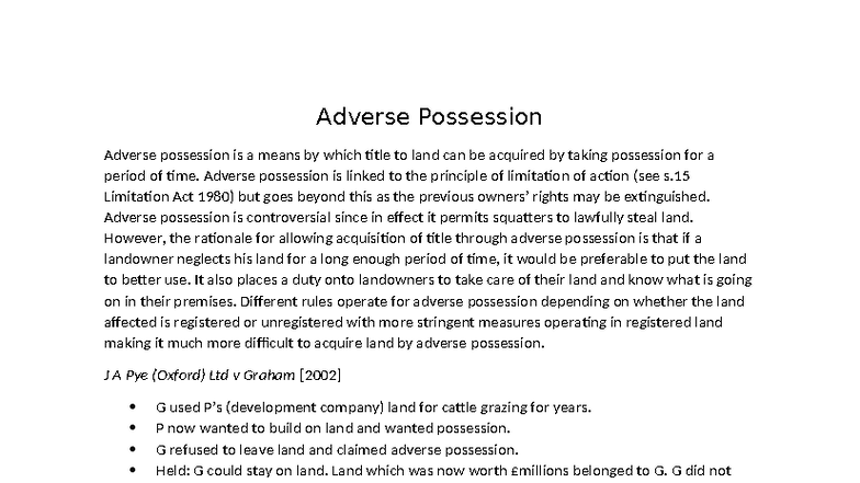 Adverse Possession: Legal Principles and Case Studies - Studocu