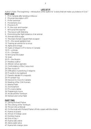 Life of pi summary - Summaries per chapter of the novel- Life of Pi ...