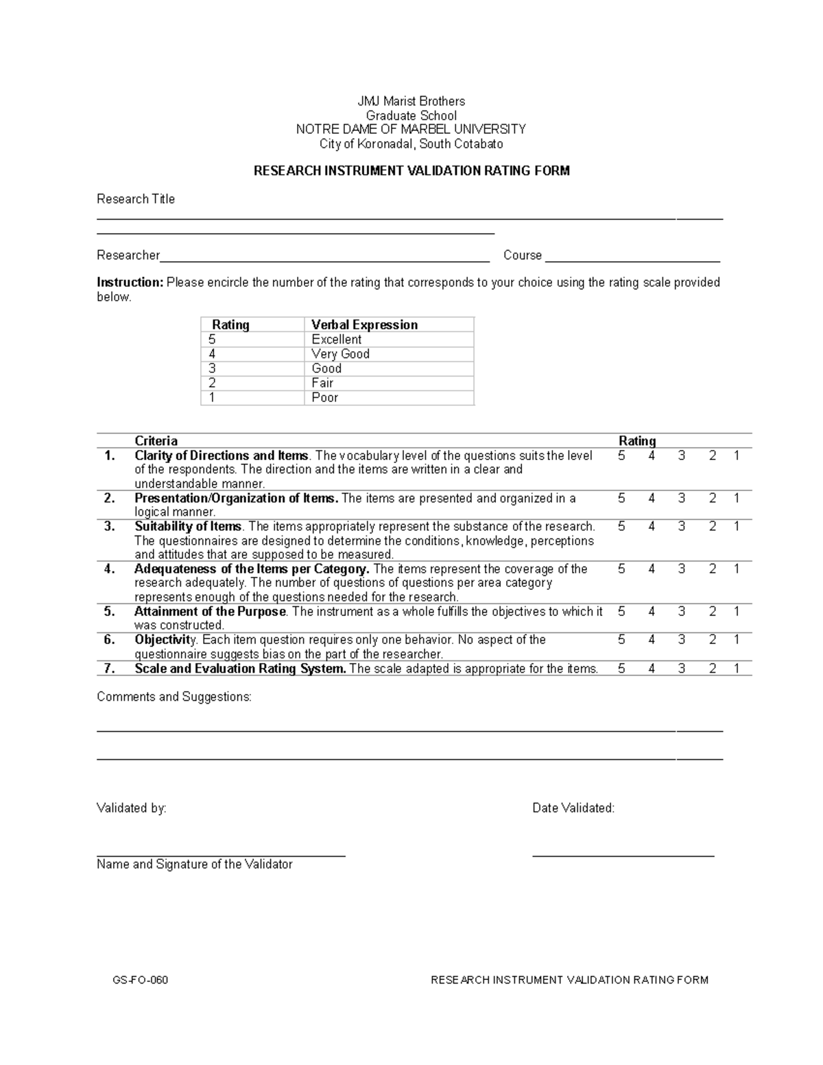 GS-FO-060 Research Instrument Validation Rating Form Guide - Studocu