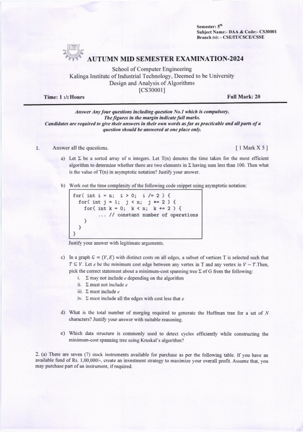 Design & Analysis of Algorithms Midterm Exam 2024 - DAA 56 - Studocu