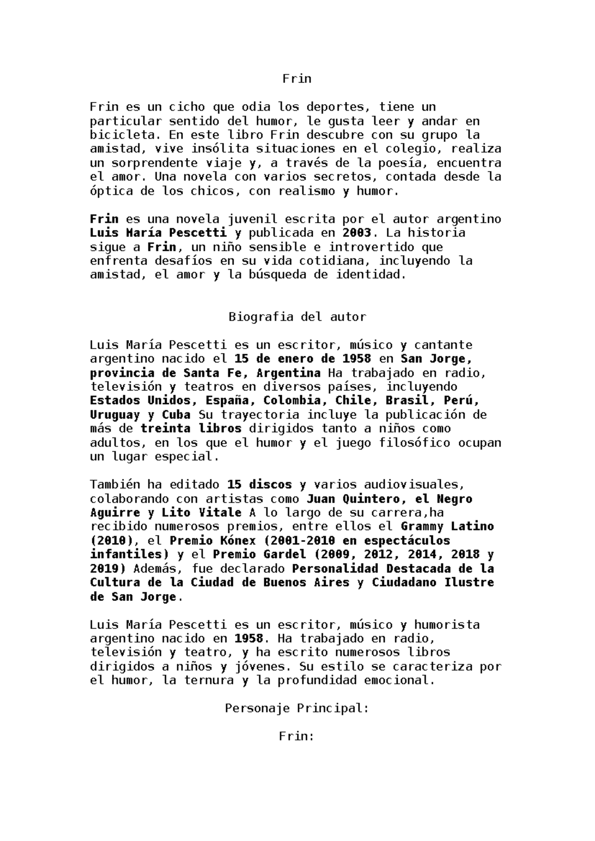 Frin - Resumen de la Novela Juvenil de Luis María Pescetti - Studocu