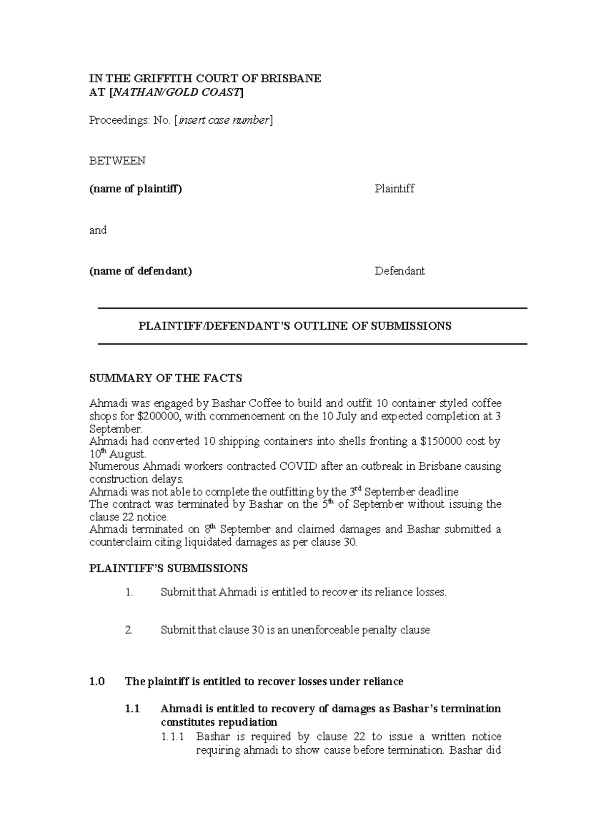 Weekly Submission 9: Outline of Submissions in Ahmadi v. Bashar Case ...