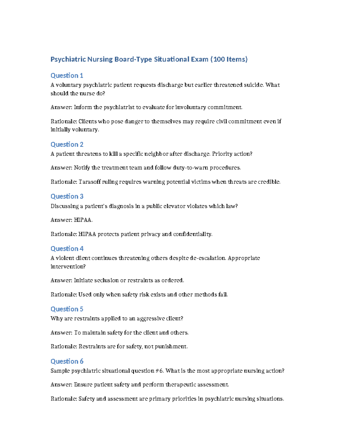 Psychiatric Nursing Situational Exam: 100 Practice Questions - Studocu