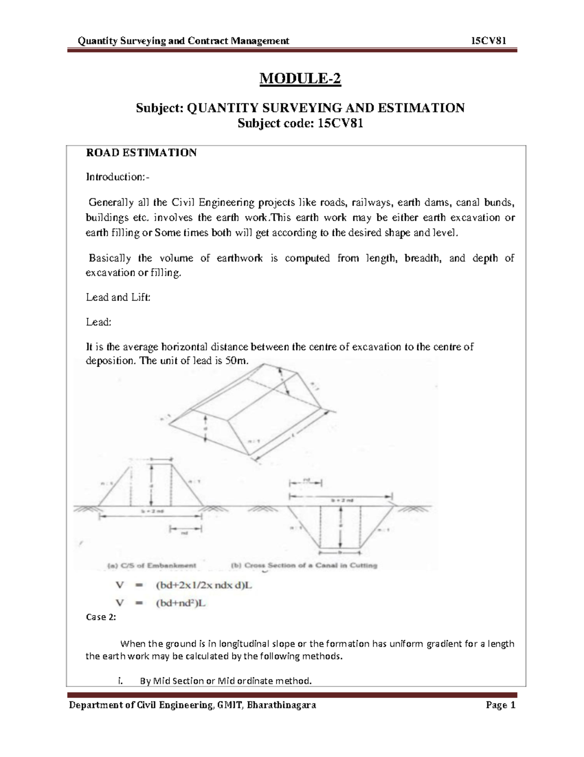 Quantity Surveying & Estimation: Road Estimation 15CV81 - Studocu