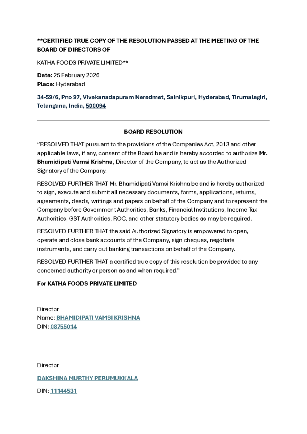 Board Resolution - Katha Foods Pvt. Ltd. - 25 Feb 2026 - Studocu