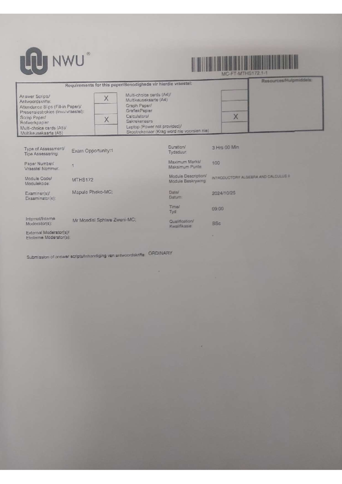 MTHS172 2024 Final Exam - Introductory Algebra & Calculus Past Paper ...