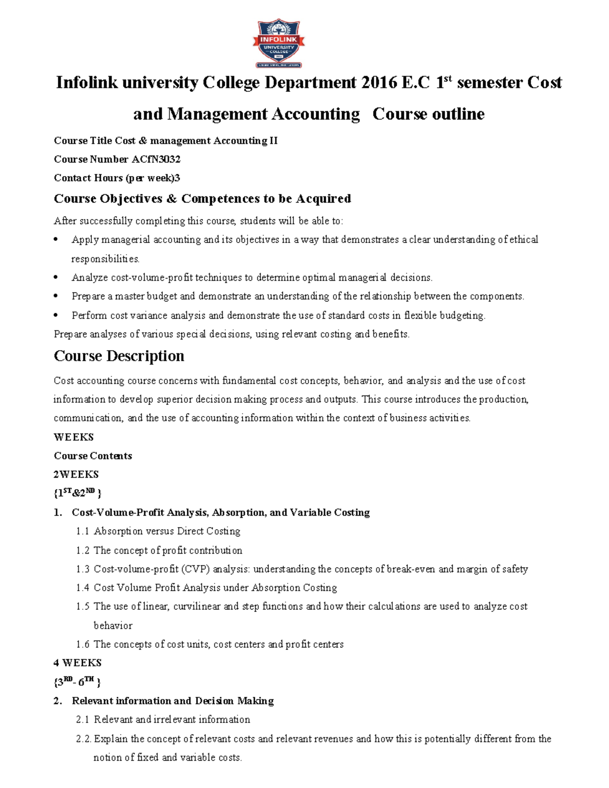 Cost Management and Accounting II Course Outline (ACfN3032) - Studocu