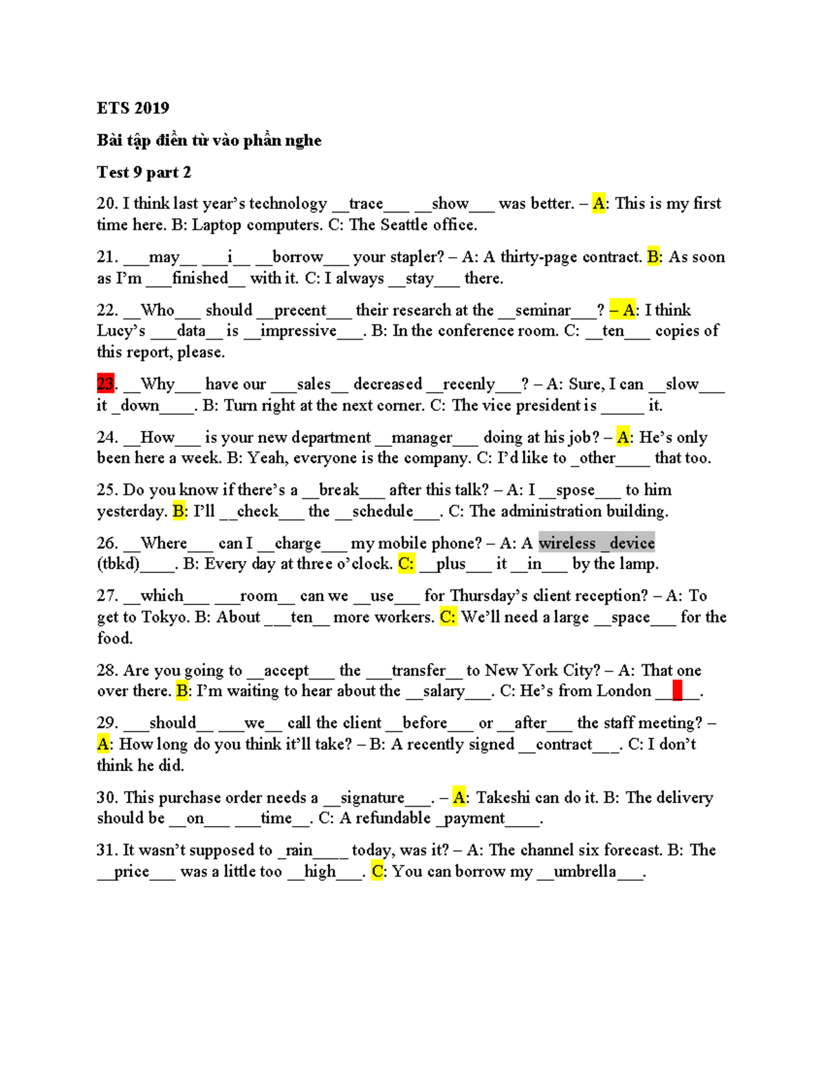 ETS 2019 Listening Fill-in-the-Blank Exercises Test 9 Part 2 - Studocu
