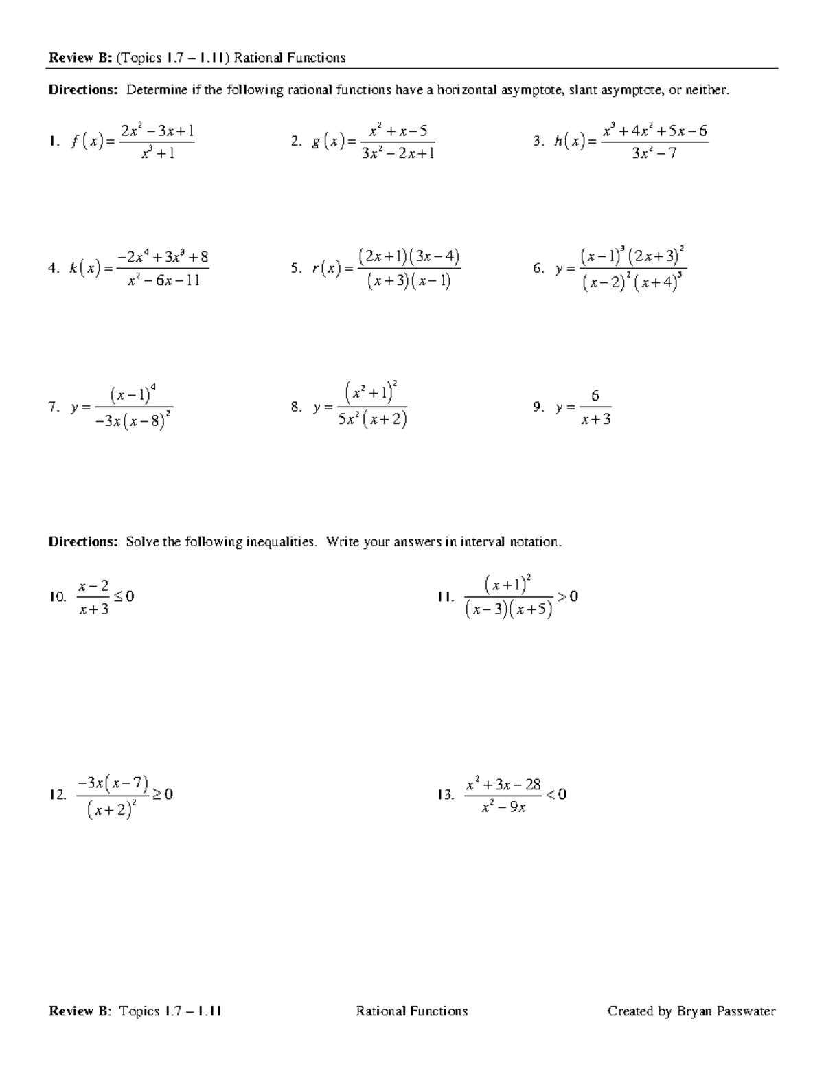 Review B: Topics 1.7 - 1.11 on Rational Functions Analysis - Studocu