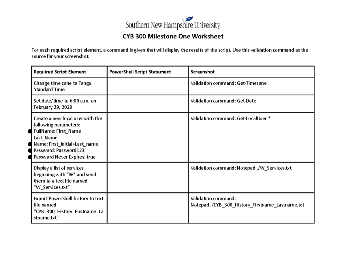 CYB 300 Milestone One: PowerShell Script Commands & Screenshots - Studocu