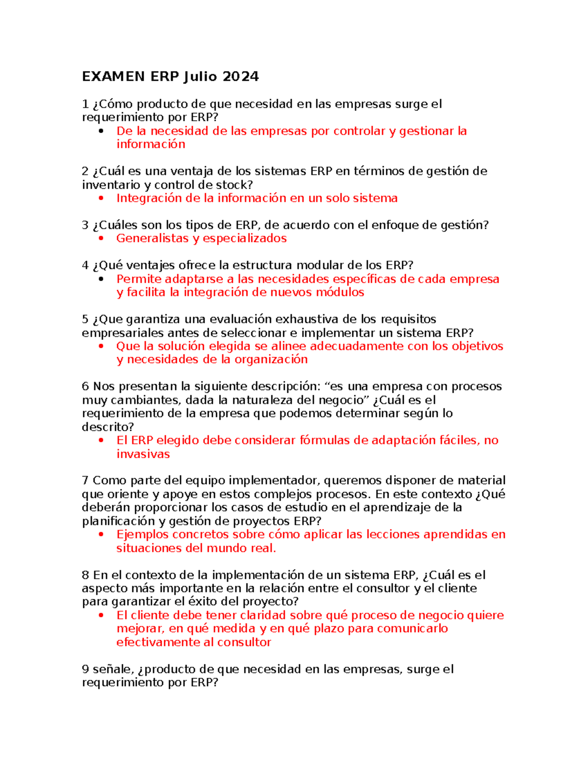 Examen Final ERP - Julio 2024: Preguntas y Respuestas Clave - Studocu