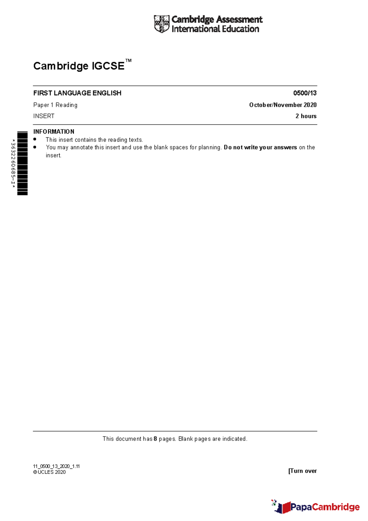 Cambridge IGCSE 0500/13/2020 Paper 1 Reading Insert - Studocu