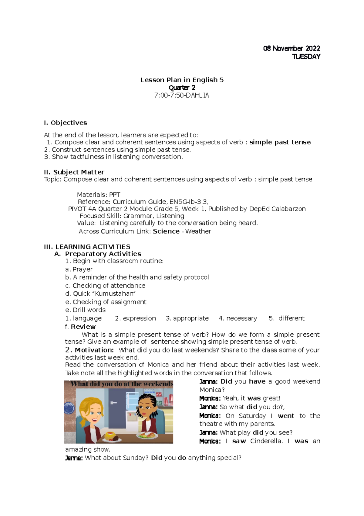 DLP-EN5-LEC: Simple Past Tense Lesson Plan for Grade 5 - Studocu