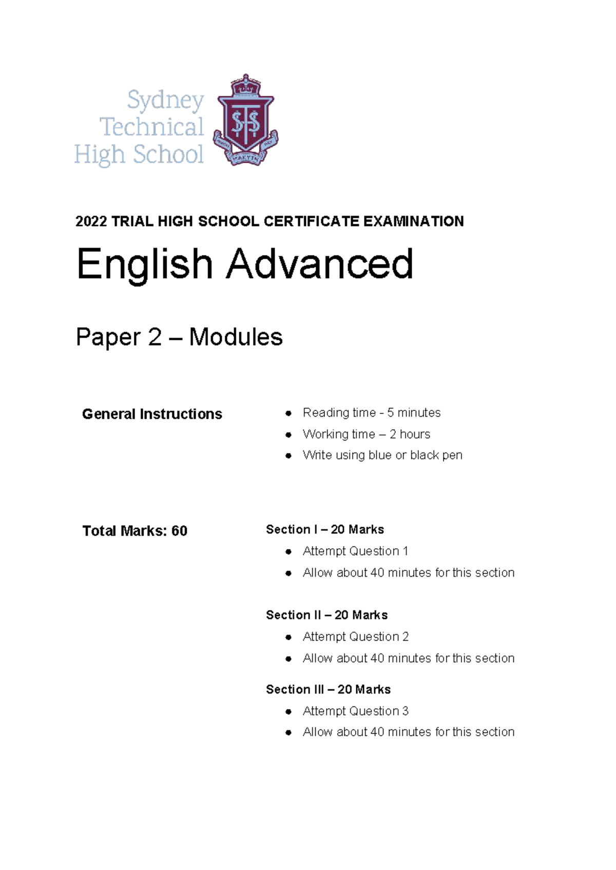 Sydney Tech 2022 English Adv Trial Exam Paper 2 Instructions - Studocu