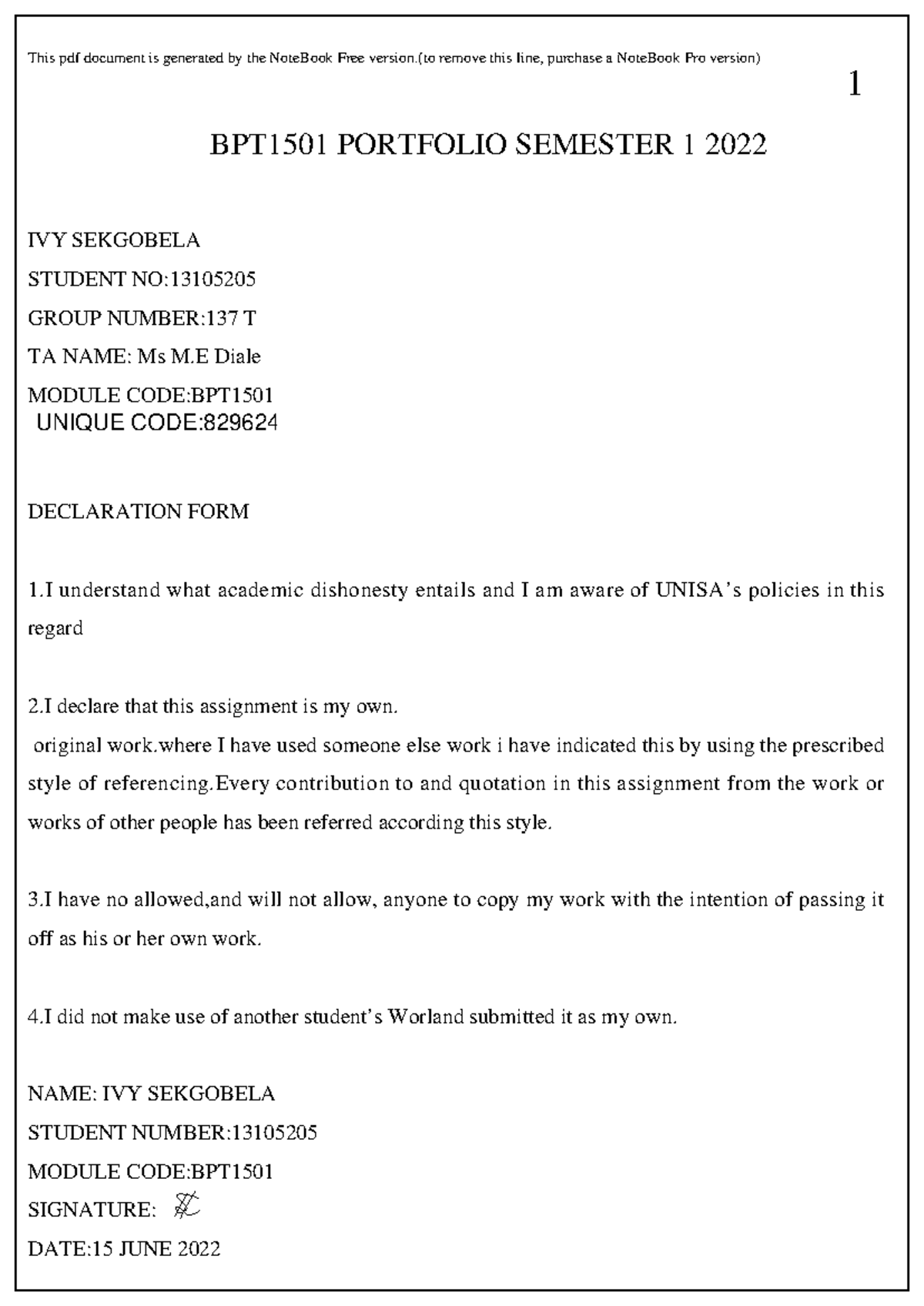 BPT 1501 Semester 1 2022 Portfolio Assignment Insights and Reflections - Studocu