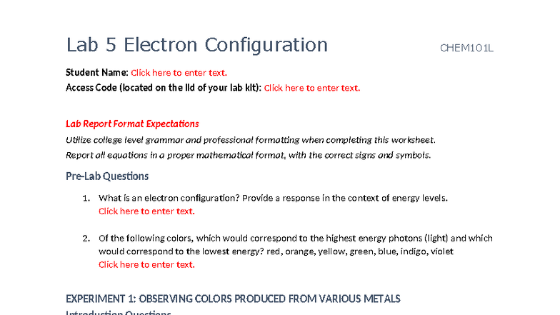 CHEM101L Lab 5 - Electron Configuration and Observations - Studocu