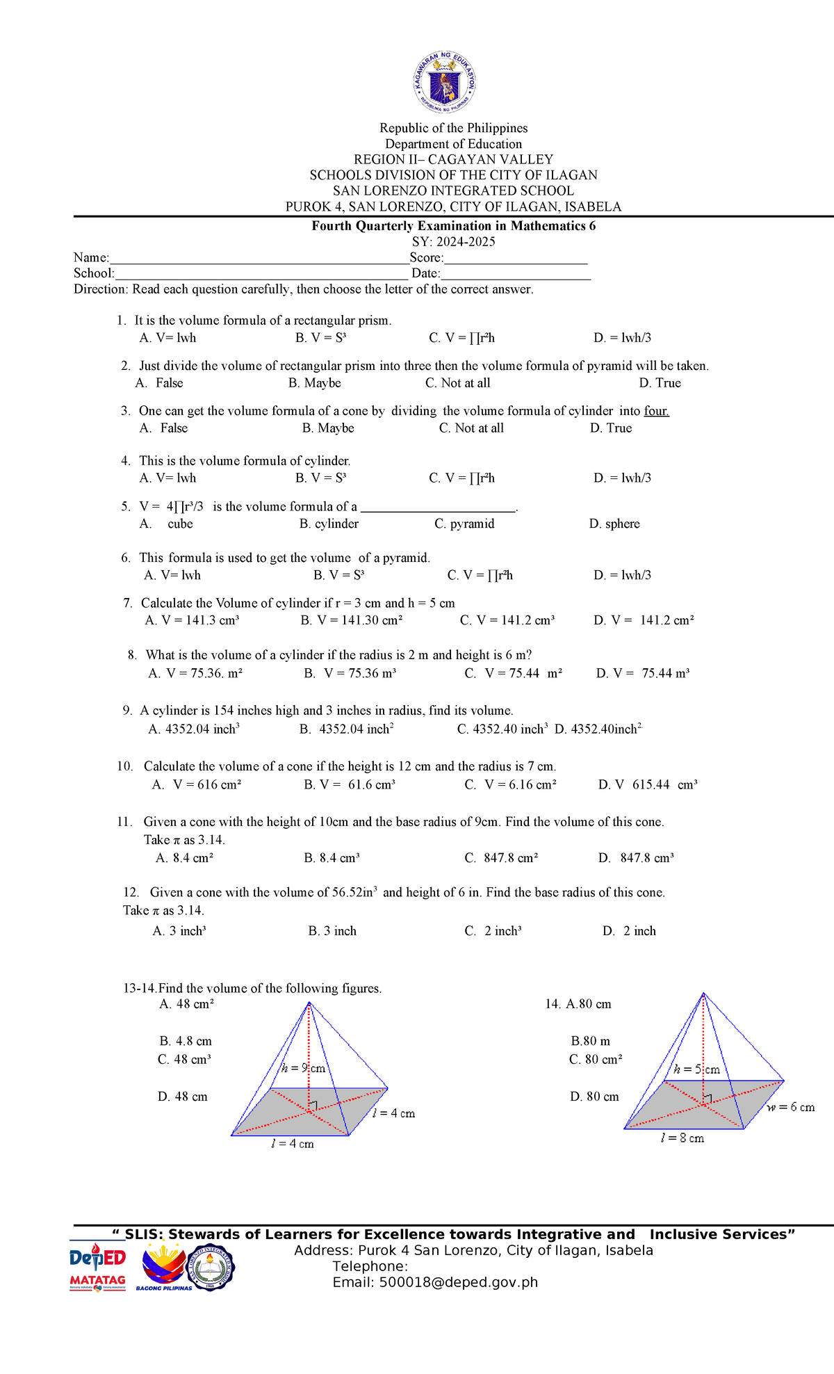 Mathematics 6 Periodic Test: Fourth Quarterly Exam Review - Studocu