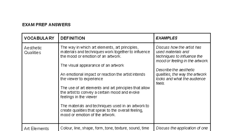 EXAM Vocab PREP: Aesthetic Qualities & Art Elements Analysis - Studocu