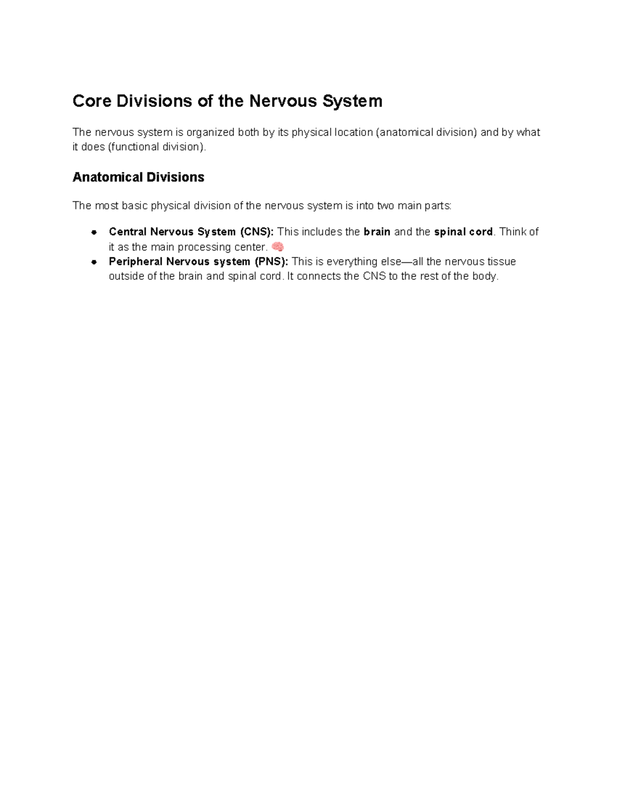 Nervous System I: Core Divisions & Functions Overview - Studocu