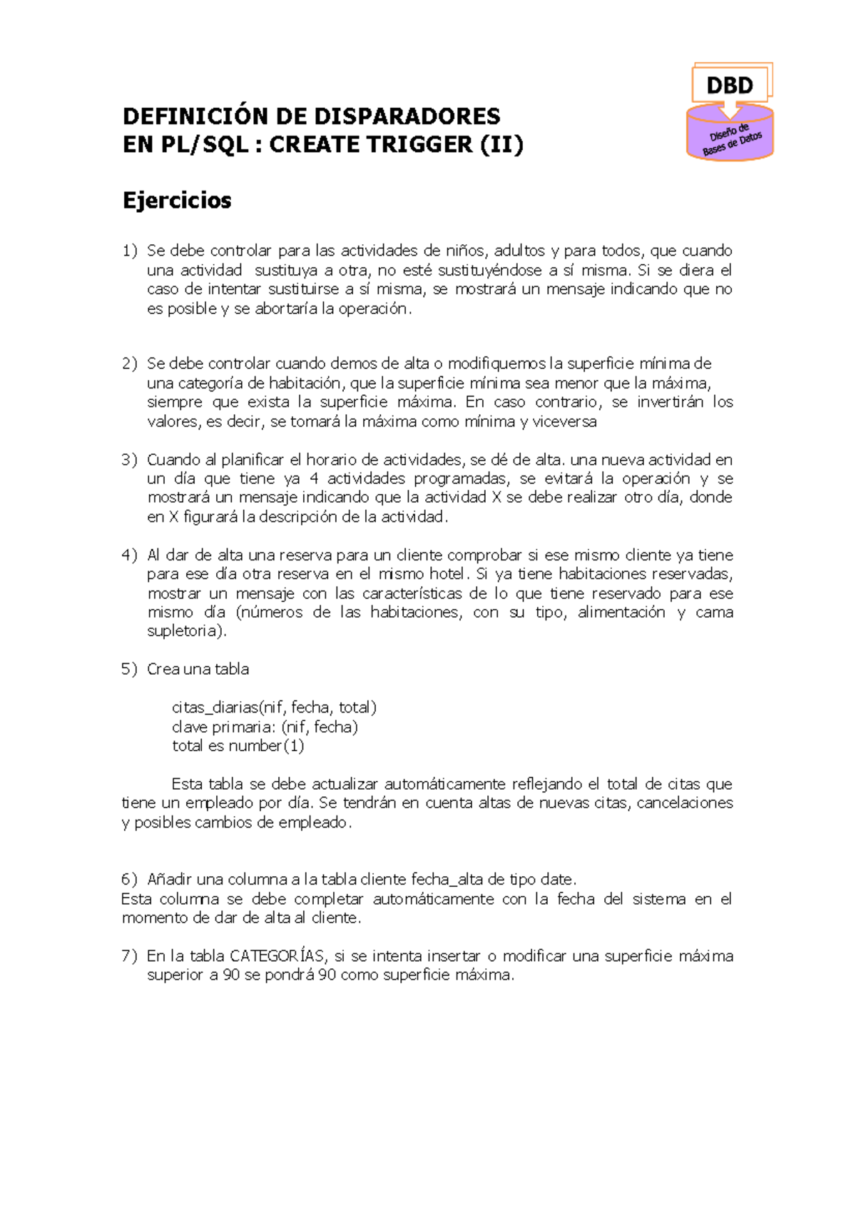 Definición de Disparadores PL-SQL: Ejercicios II-1 - Studocu