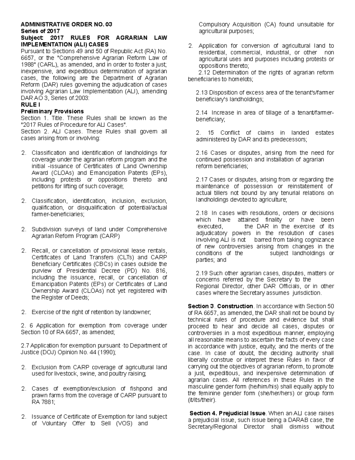 2017 Rules for Agrarian Law Implementation (ALI) Cases: A Guide - Studocu