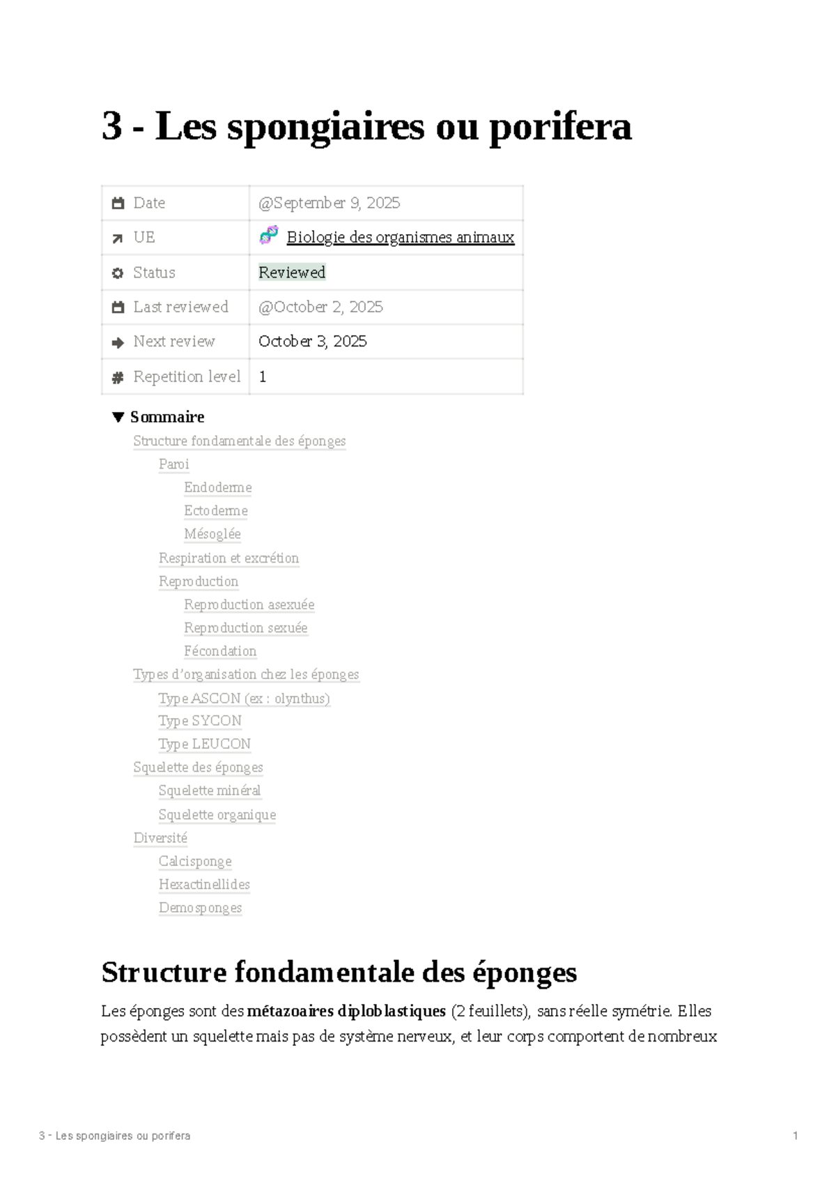 3 Les spongiaires ou porifera - Cours 3 Biologie des Organismes Animaux ...