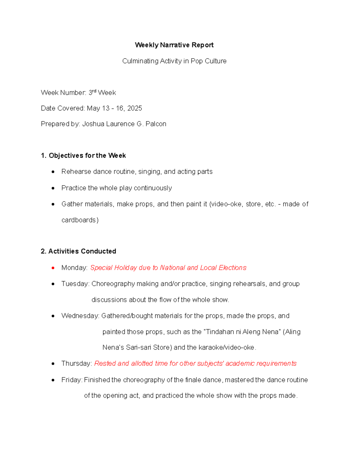 Weekly Narrative Report: Pop Culture Activity (3rd Week) - Studocu