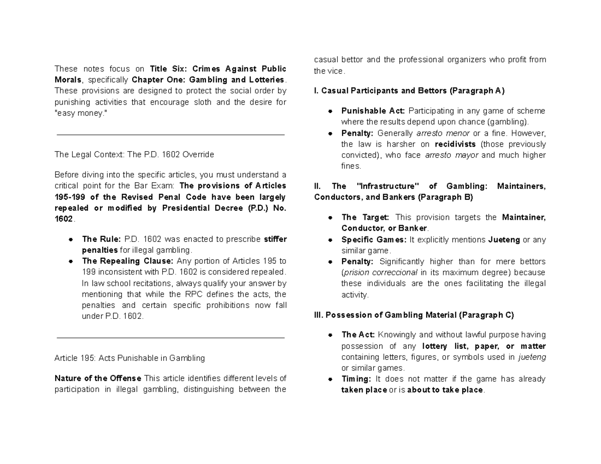 Crim Law 2: Notes on Title VI - Crimes Against Public Morals - Studocu