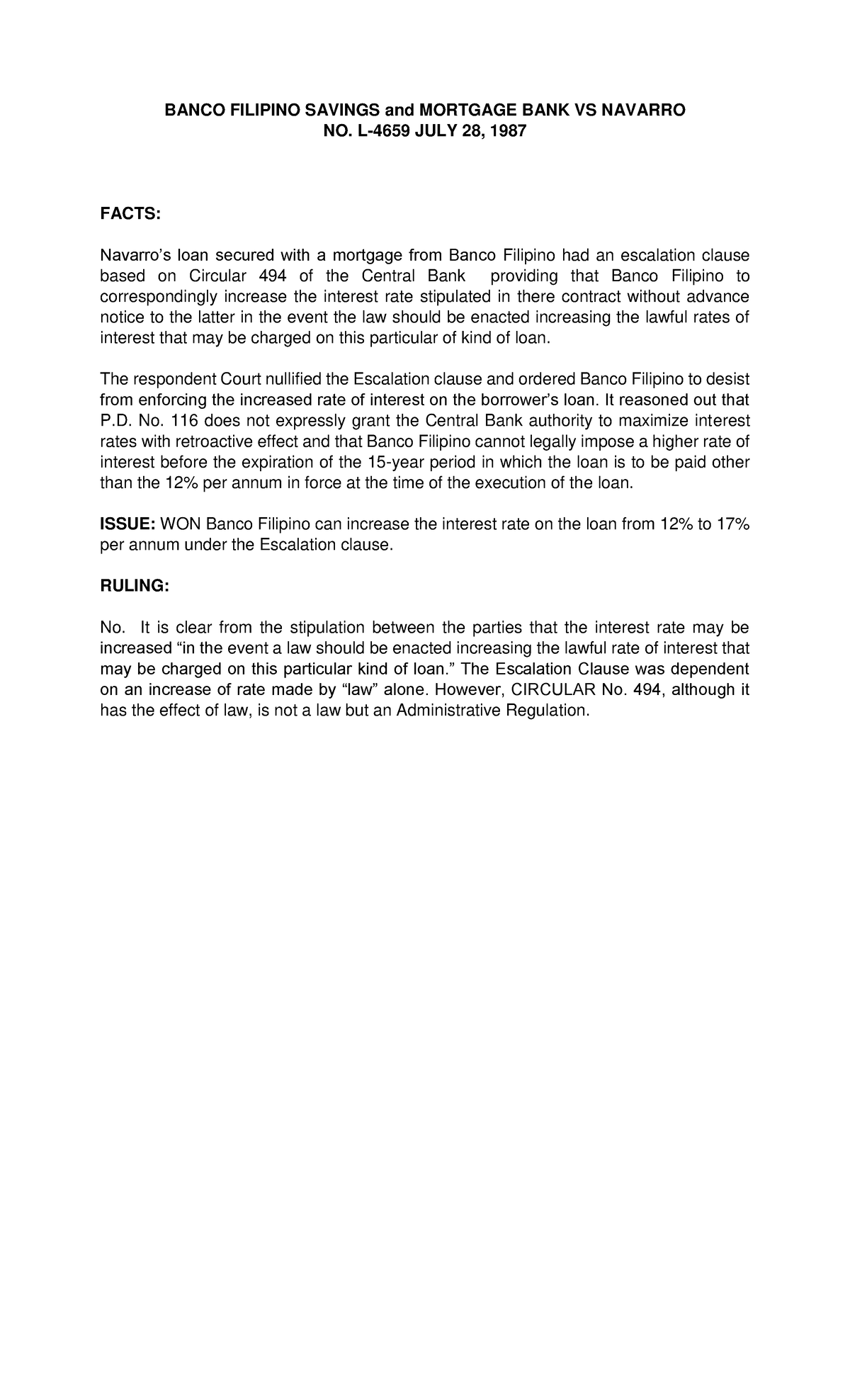 Banco Filipino vs Navarro - BANCO FILIPINO SAVINGS and MORTGAGE BANK VS ...