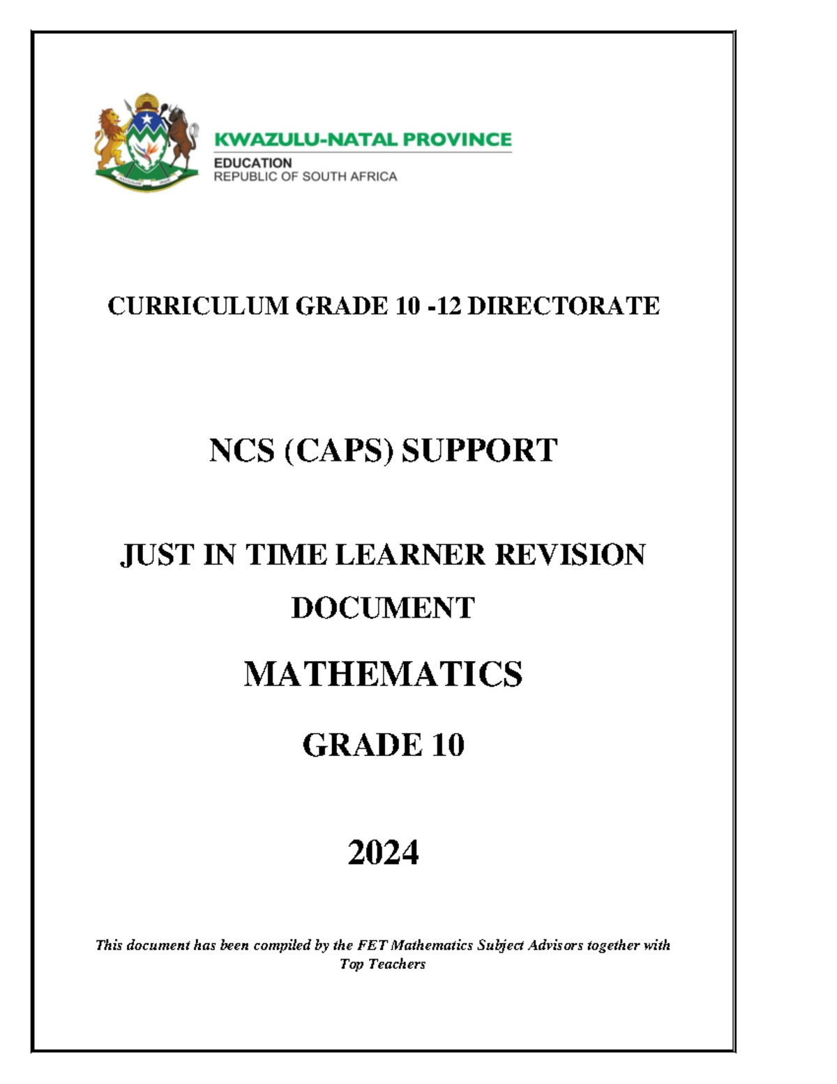 Grade 10 Maths Revision Guide 2024: Comprehensive Study Resource - Studocu