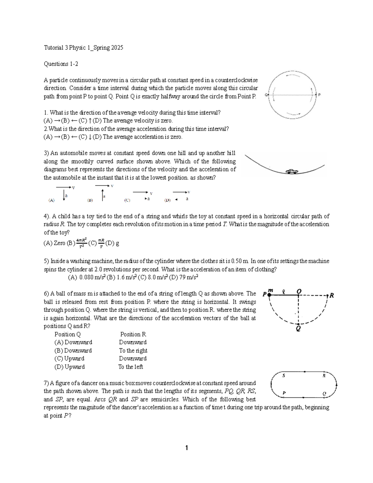 Tutorial 3 PHYS 1 - Spring 2025 Circular Motion Questions - Studocu