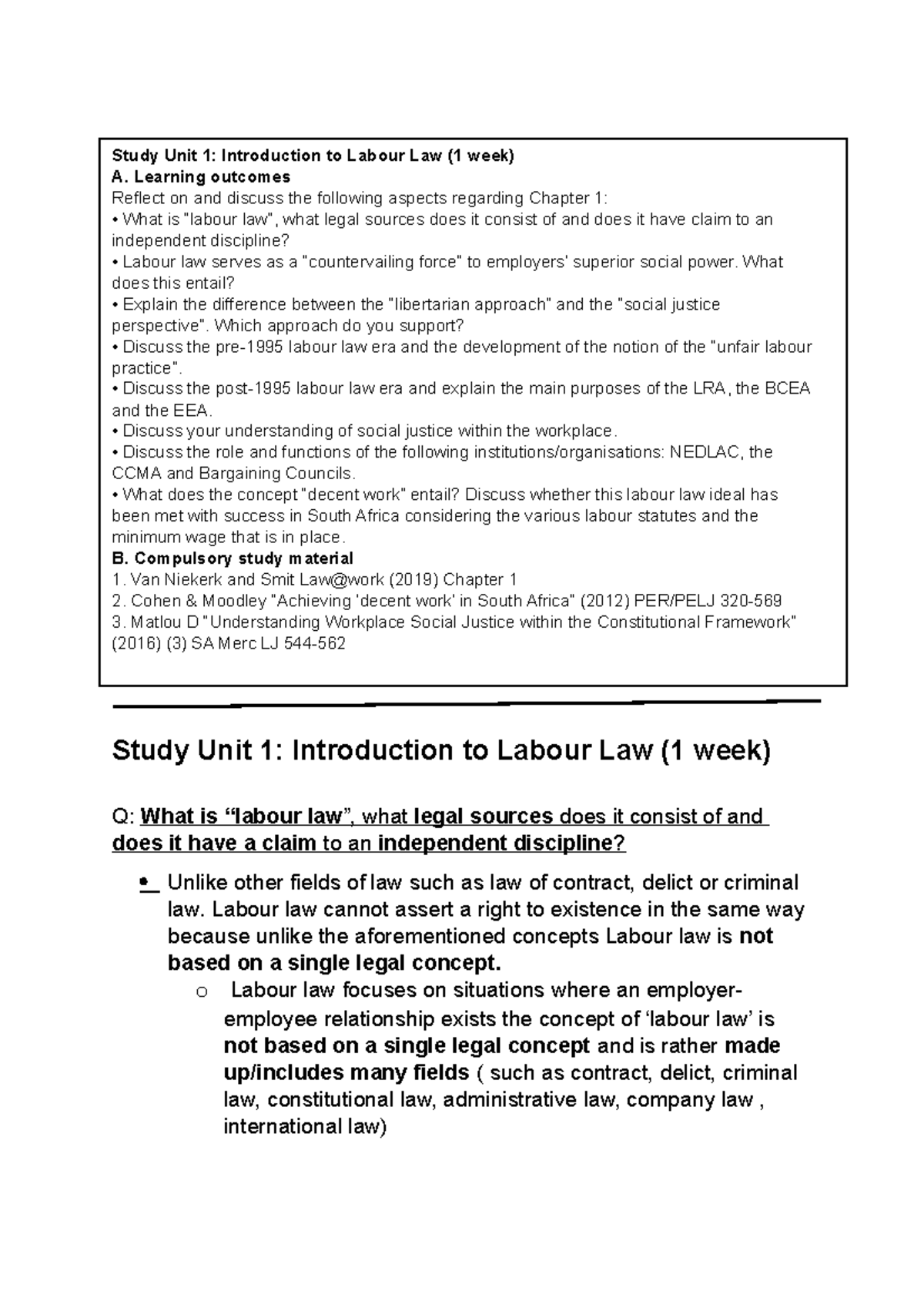 Study Unit 1: Intro to Labour Law - Key Concepts & Legal Frameworks ...