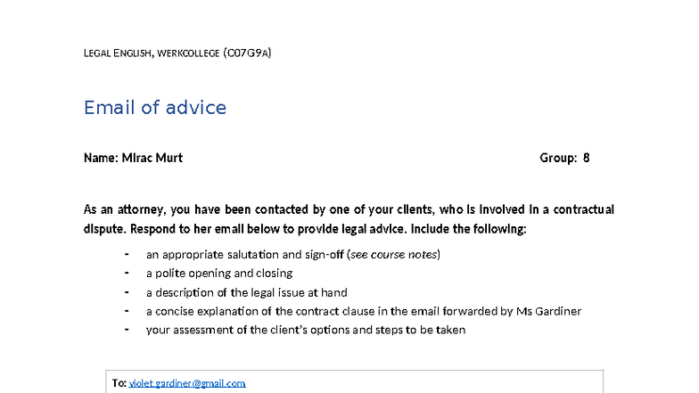 Email of Legal Advice on Contractual Dispute - C07G9A - Studocu