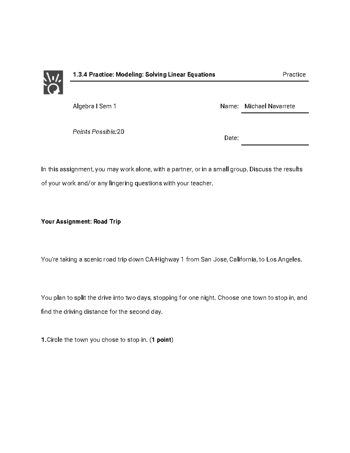 Algebra I Sem 1: Practice Solving Linear Equations Assignment - Studocu