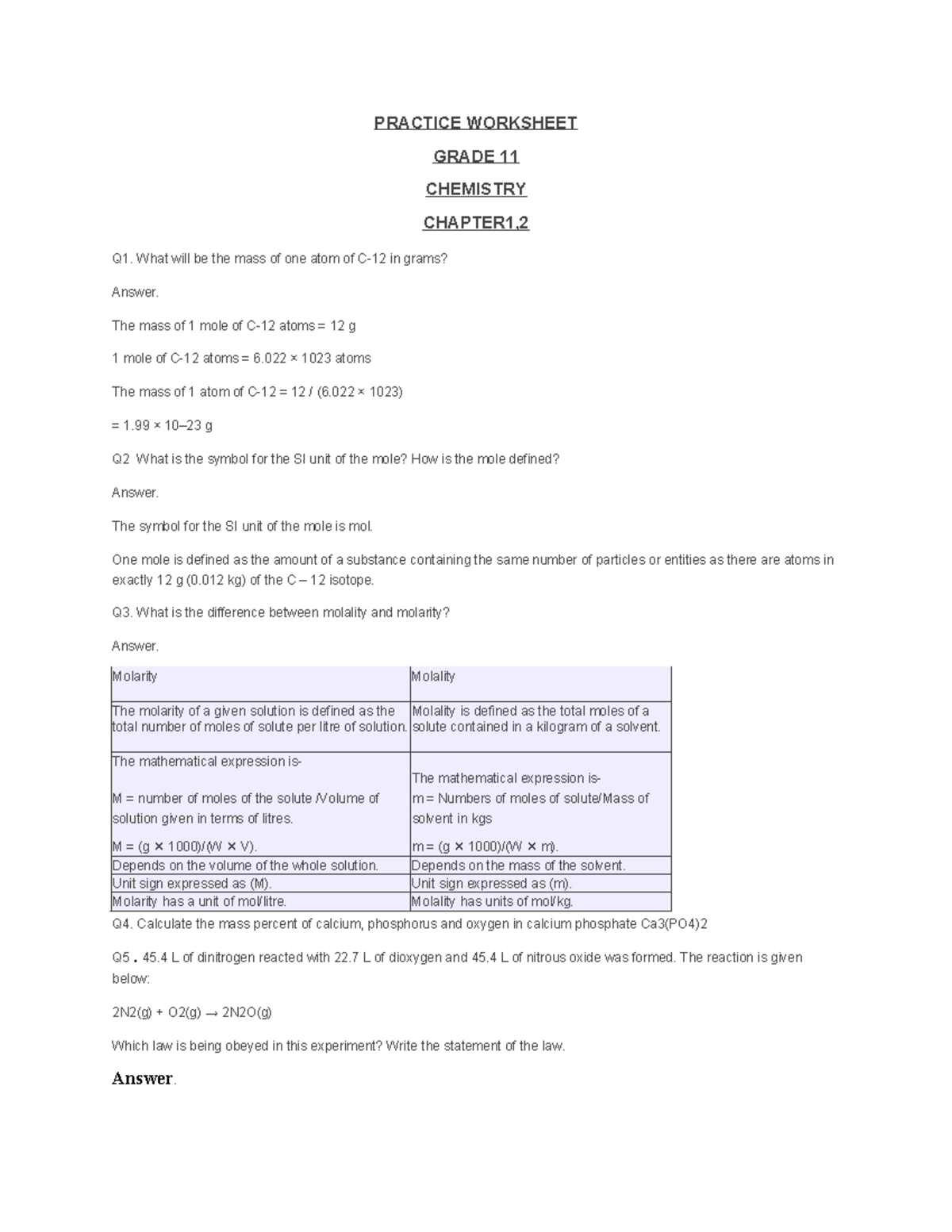 Grade 11 Chemistry Practice Worksheet: Chapters 1 & 2 - Studocu