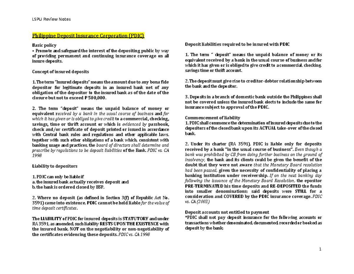 PDIC Summary Review - Philippine Deposit Insurance Corporation (PDIC ...