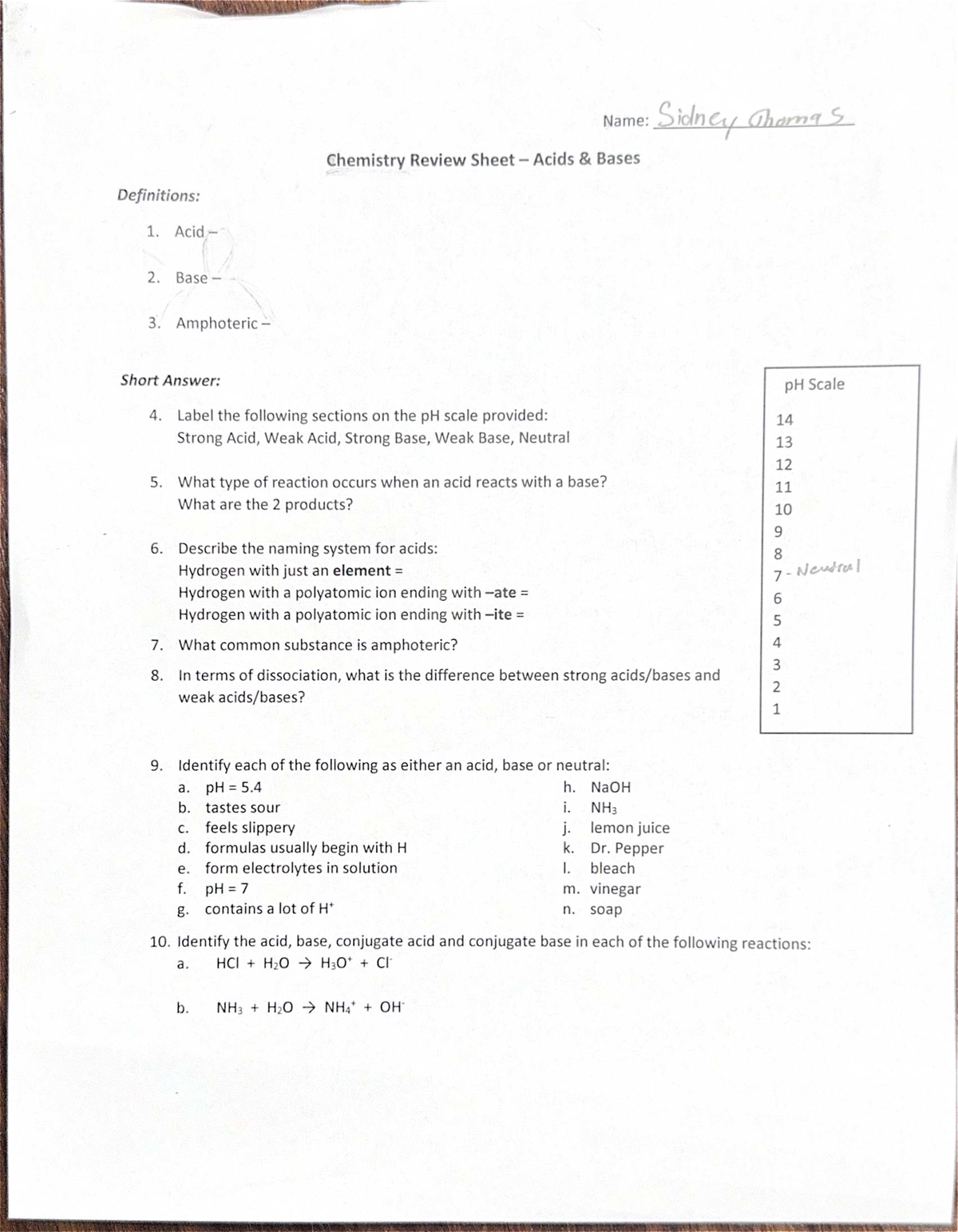 Chemistry Review Sheet - Acids & Bases - Name: Sidney Thomas Chemistry ...