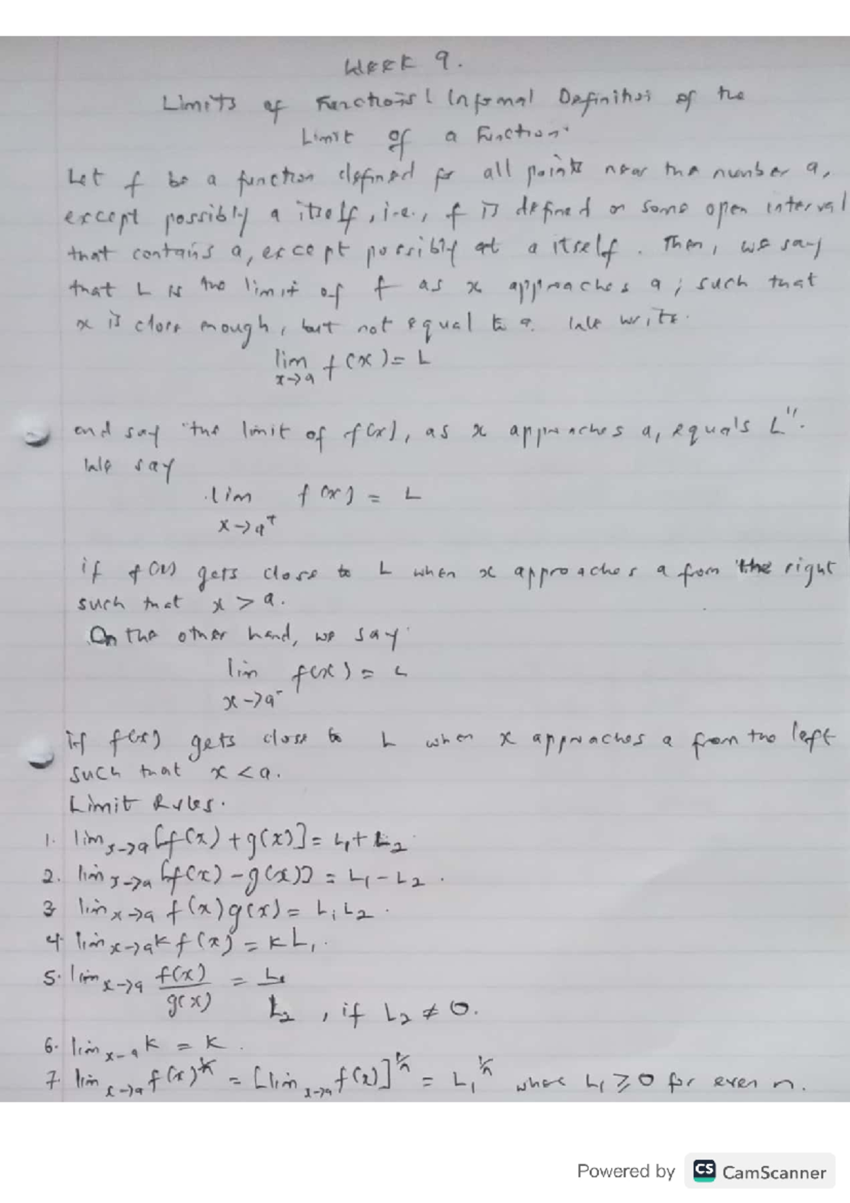 Week 9 Notes: Limits of Functions and Limit Rules - Studocu