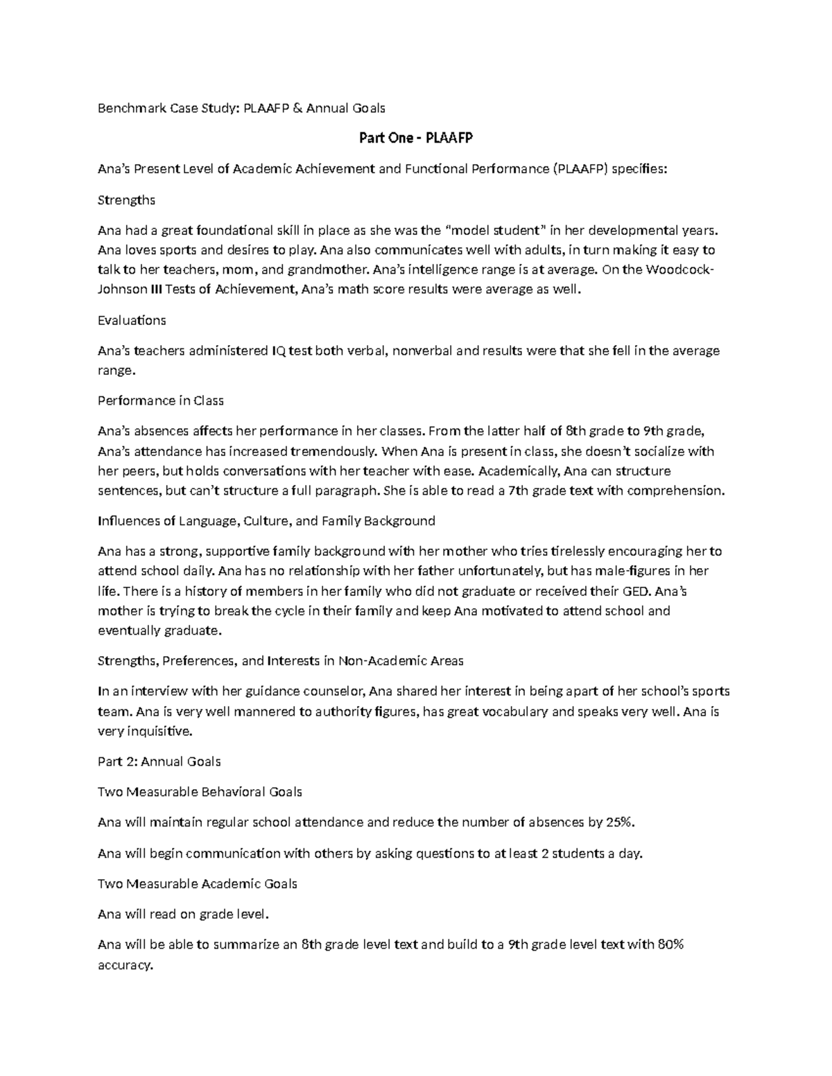 Benchmark Case Study: PLAAFP & Annual Goals for Ana - Studocu