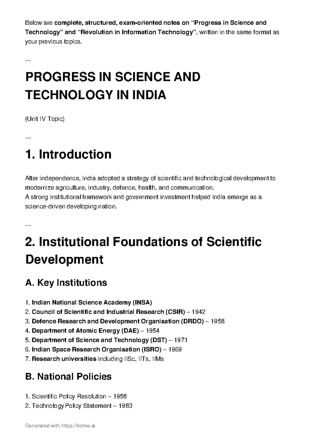 Progress in Science and Technology in India (Unit IV Notes) - Studocu