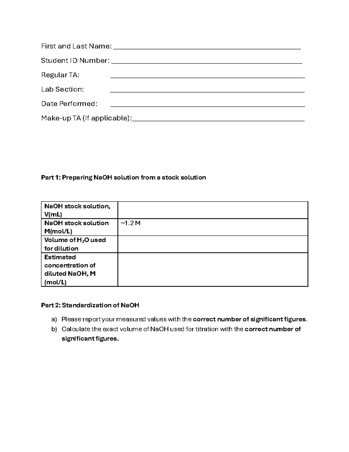 Titration Data Sheet 1: NaOH Preparation and Standardization Lab Report ...