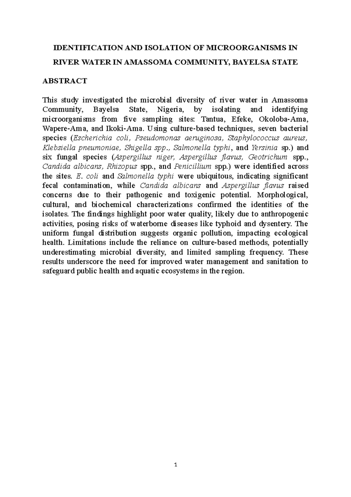 Identification and Isolation of Microorganisms in River Water: A Study ...