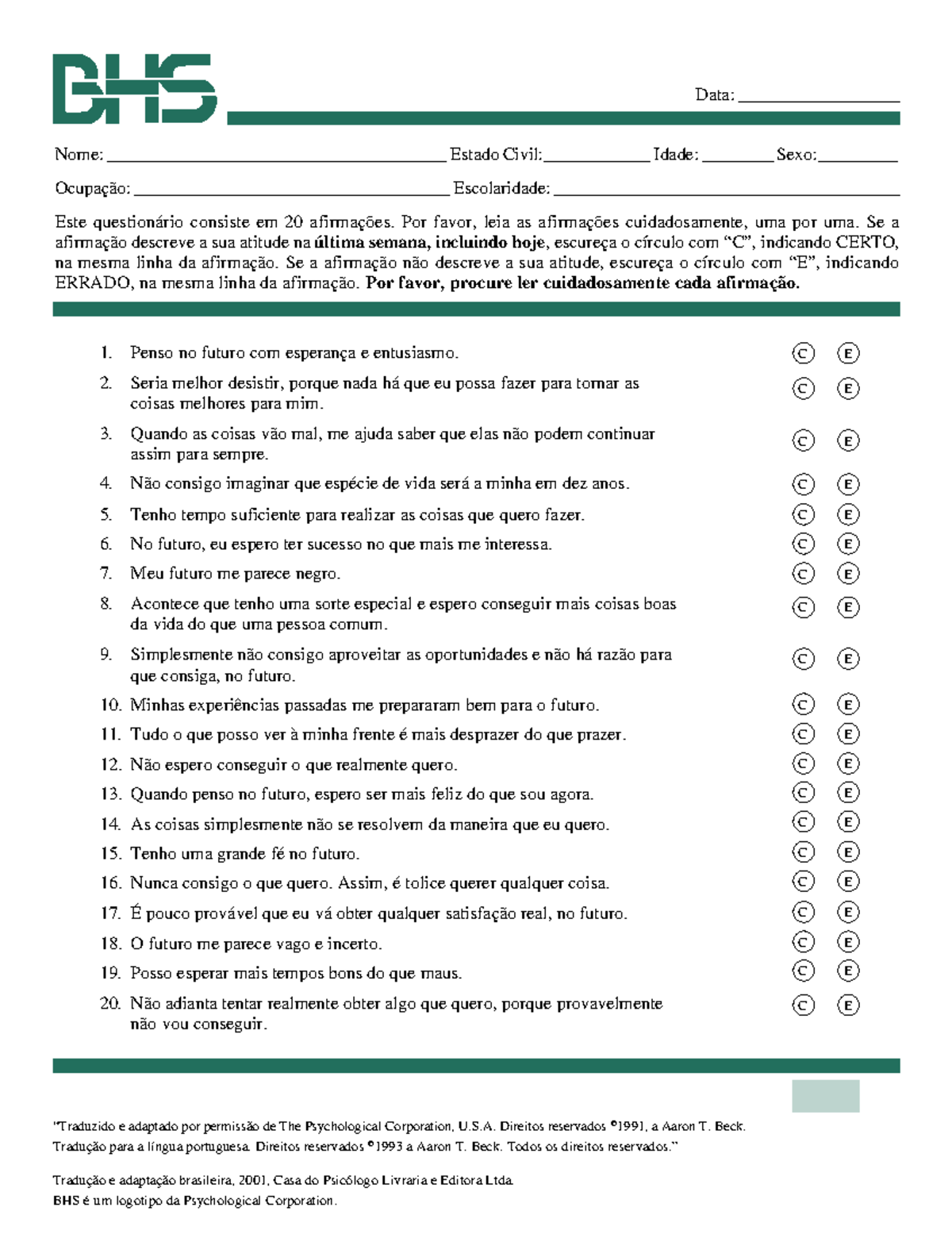 Escalas Beck: Questionário BDI, BAI e BHS - Avaliação Psicológica - Studocu