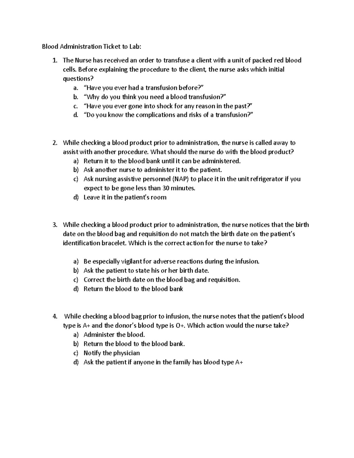Blood Administration Quiz for Nursing 101: Key Questions & Actions ...