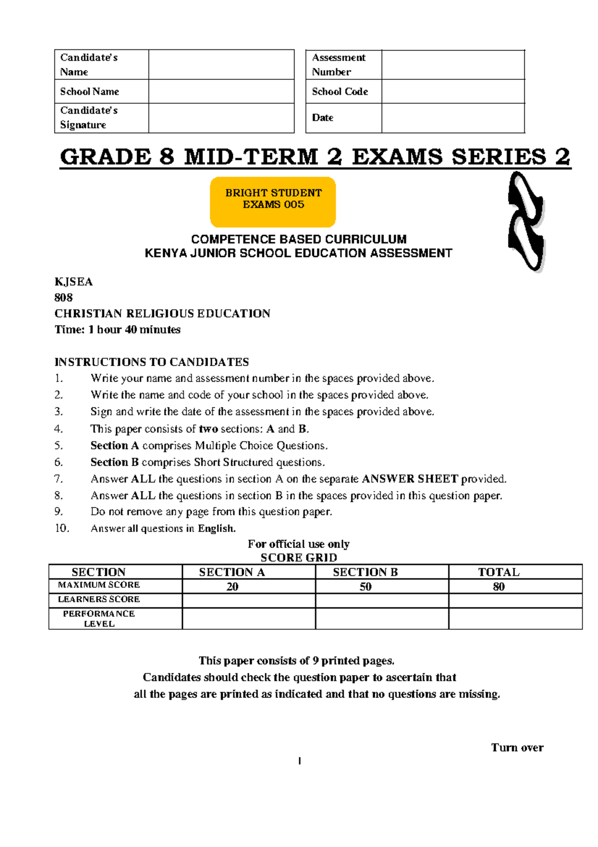 Grade 8 KJSEA Midterm 2 Christian Religious Education Exam - Studocu