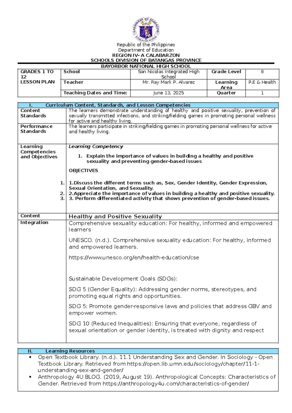 Teaching Plan for Grade 8 P.E. Health: Healthy Sexuality & Wellness ...