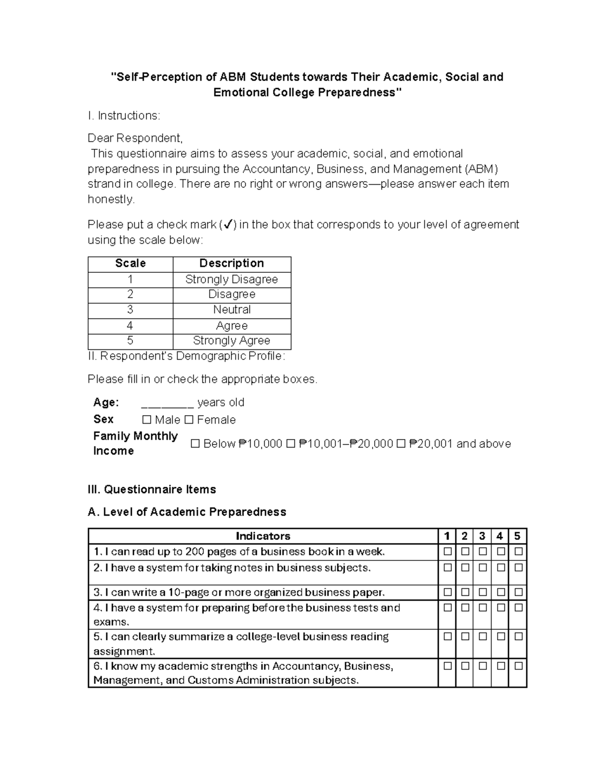 ABM Student Preparedness Questionnaire: Academic, Social & Emotional ...